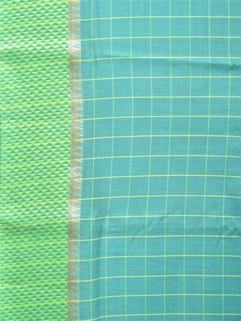 Turquoise Bamboo Cotton Saree With Big Checks Design Bc0139 Uppada