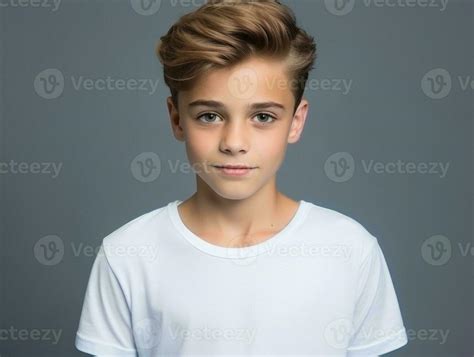 Happy European Kid In Casual Clothing Against A Neutral Background AI