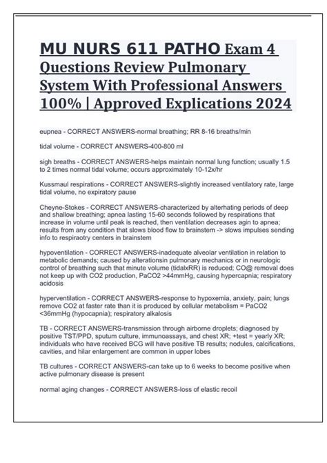 Mu Nurs 611 Patho Exam 4 Questions Review Pulmonary System With Professional Answers 100