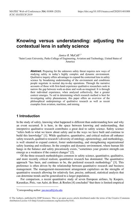 Pdf Knowing Versus Understanding Adjusting The Contextual Lens In Safety Science