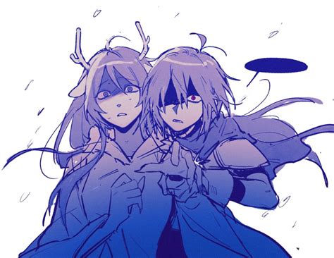 Safebooru 1girl 1other Antlers Armor Blank Speech Bubble Blue Theme