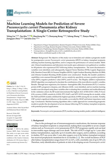 pdf machine learning models for prediction of severe pneumocystis carinii pneumonia after