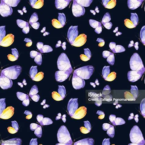 어두운 배경에 노란색과 보라색 나비의 수채화 이음새가 없는 패턴 수채화 그림 배경 인쇄물 직물 논문 등에 대한 아이디어 0명에 대한 스톡 벡터 아트 및 기타 이미지 Istock