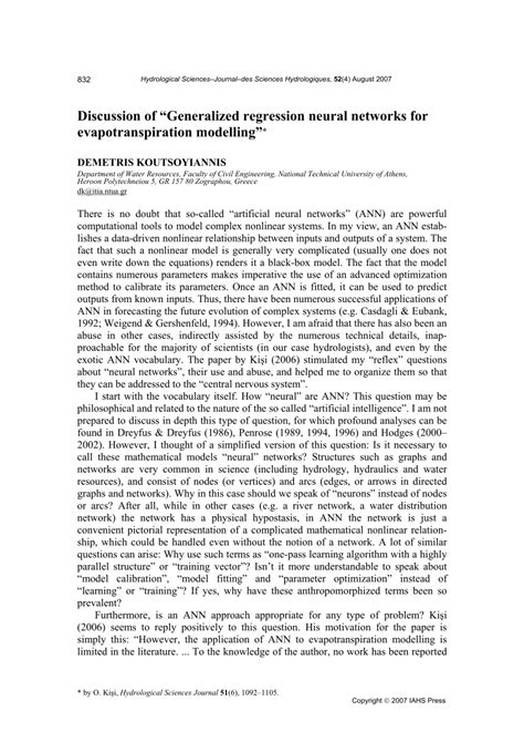 Pdf Discussion Of “generalized Regression Neural Networks For Evapotranspiration Modelling”