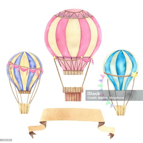풍선 묶음 고립된 배경에 수채화 그림 하늘을 가로지르는 여행 어린이 방 열기구에 대한 스톡 벡터 아트 및 기타 이미지 열기구