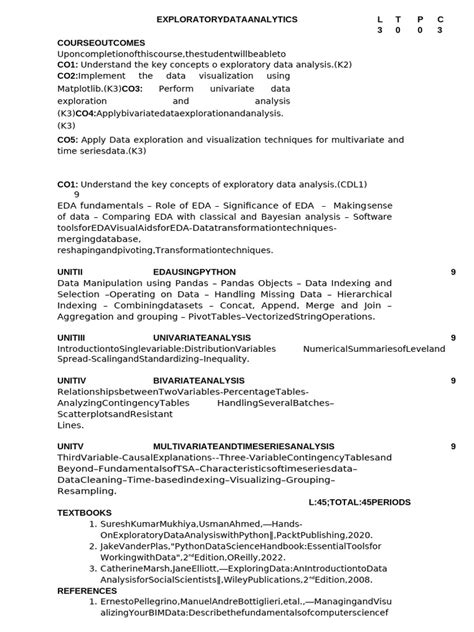Exploratorydataanalytics L T P C 3 0 0 3 Courseoutcomes Co1 Co2 Co3