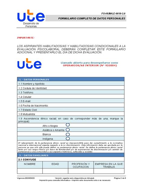 Formulario Datos Personales 923004 Pdf