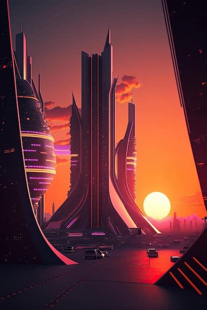 Premium AI Image Ai Generated Illustration A Futuristic Cityscape With A Sunset In The