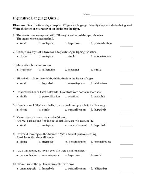 Figurative Language Worksheet 1 Answers