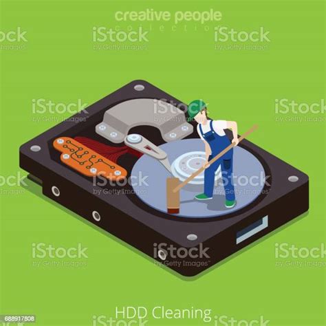 Hdd를 닦아 청소 프로세스입니다 3 차원 Isometric 아이소메트리 스타일 기술 컴퓨터 하드웨어 개념 벡터 일러스트 레이 션 평면 마이크로 만화 남자 큰 하드 디스크
