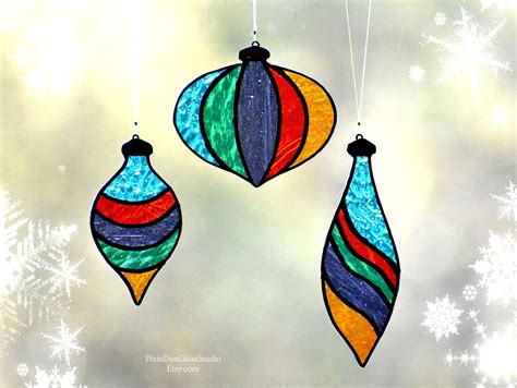 Stained Glass Christmas Ornaments Christmas Bulb Suncatchers 3pc Set