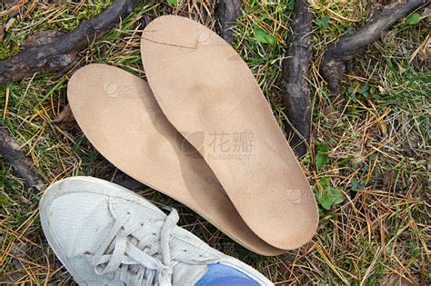 皮革矫形鞋垫和腿上的跑鞋在草地上与松针在大自然中放松身心在户外