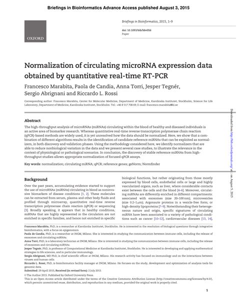 Pdf Normalization Of Circulating Microrna Expression Data Obtained By Quantitative Real Time