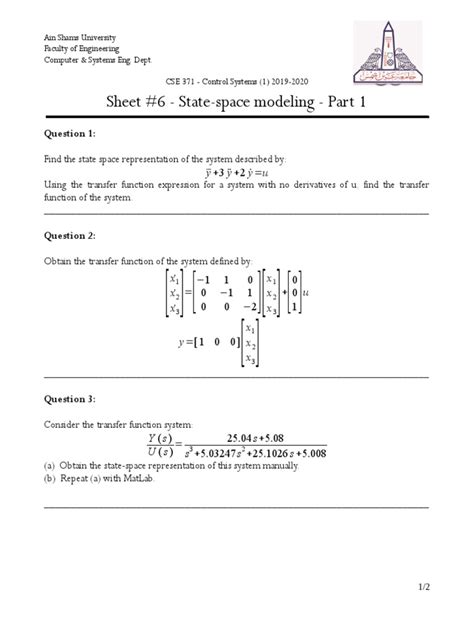 Sheet 6 State Space Modelling Pdf Computer Science Cognitive Science