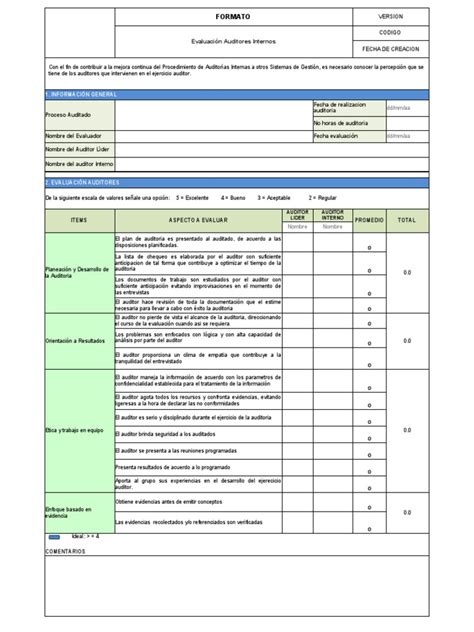 Formato Evaluación Auditores Internos V4 Pdf Auditoría Contralor