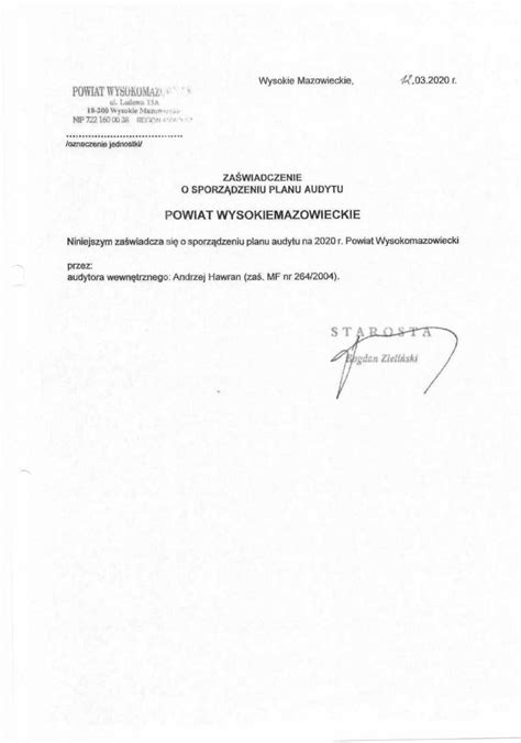 Zaświadczenia o sporządzeniu planu audytu wewnętrznego ANDRZEJ HAWRAN