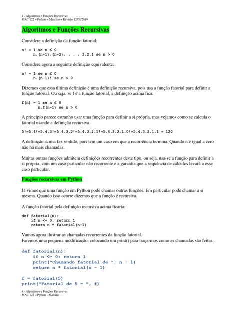 4 Pda Python Algorítmos E Funções Recursivas Pdf Recursão