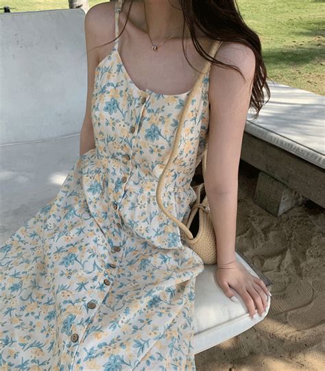 M 4xl 론지 뷔스티에원피스 단추원피스 롱원피스 슬리브리스 플라워패턴 러블리 여리여리 민소매원피스 데이트룩 여친룩 여행