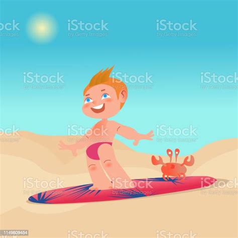 해변에서 서핑 보드와 크랩 기차와 함께 행복 한 서퍼 소년 벡터 만화 캐릭터 그림입니다 가족 여름 휴가 여행 게에 대한 스톡 벡터 아트 및 기타 이미지 Istock