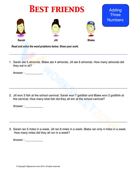 Addition Word Problems For Grade Worksheet