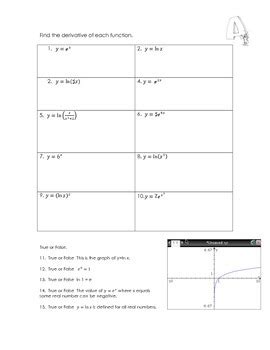 Calculus Derivative Of Natural Log And Exponential Functions TPT