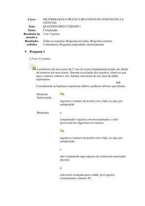 Questionario I Metodologia E Prática DO Ensino DA Matemática E