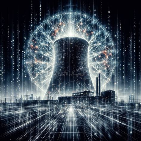 Binary Digits Fall Like Snow In Front Of A Nuclear Plant Bathed In Blue