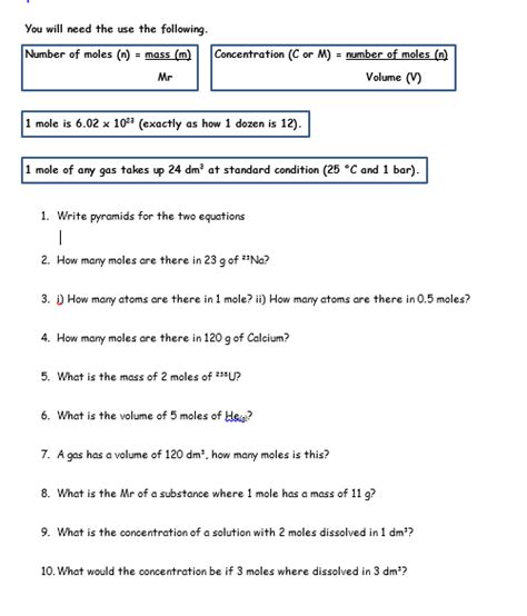Bonjour IGCSE Moles Extra Task