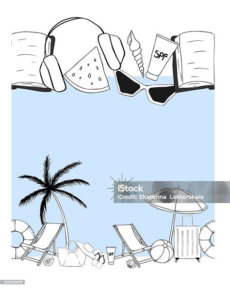 해변 직원 프레임 텍스트에 대한 원활한 수평 테두리 템플릿 벡터 그래픽 라인 잉크 그림 배너 포스터 포장지 스티커 인쇄 현대적인