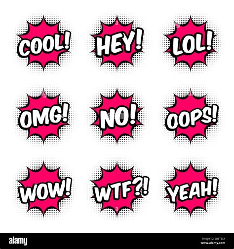 9 Comic style messages in red speech bubbles. Set of stickers for banner, web, poster. Pop art ...