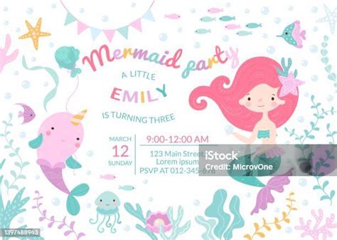 아기 포스터 템플릿을위한 인어 생일 파티 만화 귀여운 소녀 초대 바다 물고기와 수중 이야기 세계 요소 작은 공주 Nowaday