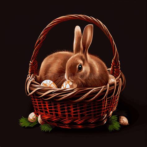 Festive Basket With Cute Rabbit And Easter Orthodox Eggs On Dark