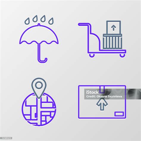 교통 기호 전기 핸드 트럭 및 상자 우산 빗방울 아이콘이 있는 선 골판지 상자를 설정합니다 벡터 가리키기에 대한 스톡 벡터 아트 및 기타 이미지 Istock