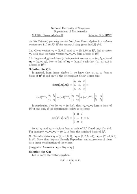 Sol Notes National University Of Singapore Department Of Mathematics MA Linear Algebra
