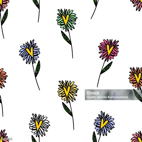 사각형 모양의 흰색 배경에 여러 가지 색상의 꽃잎이 있는 낙서 스타일로 그려진 하트 손 형태의 중심이 있는 꽃 벡터 그림 귀여운에 대한 스톡 벡터 아트 및 기타 이미지