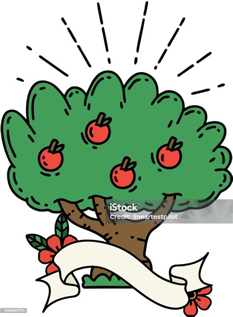 Scroll Banner With Tattoo Style Apple Tree Stock Illustration
