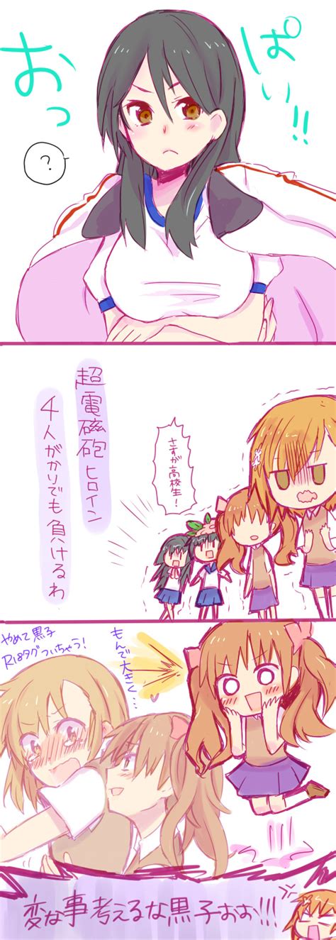 Safebooru Black Hair Blush Breast Envy Breasts Brown Hair Comic