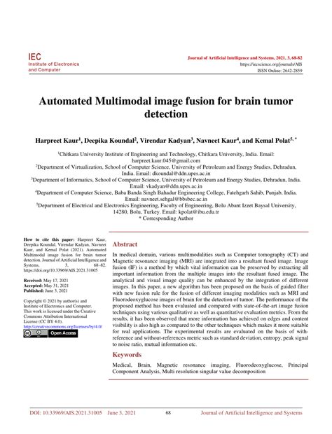 PDF Automated Multimodal Image Fusion For Brain Tumor Detection