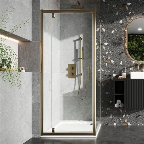 Harbour I6 Easy Clean Brushed Brass 6mm Pivot Shower Door And Optional