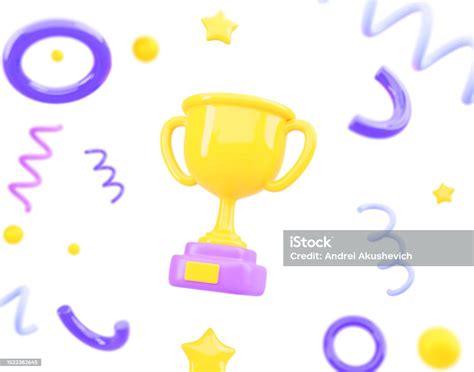 황금 컵 트로피 또는 우승자 상은 배경 3d 렌더링에 날아다니는 색종이와 함께 있습니다 스포츠 경기를 위한 금 잔 나선 별 튜브 및 구체가 있는 만화 축하 포스터 계급에