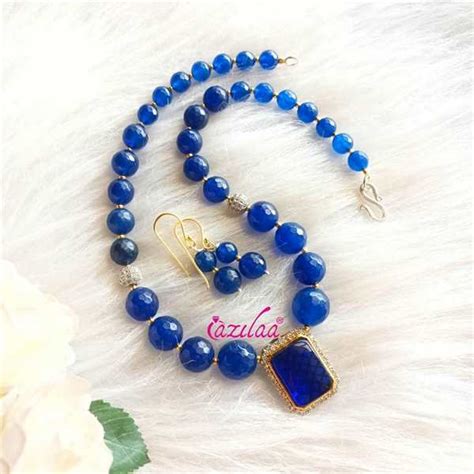 Blue Graduated Gemstone Necklace Earrings Set At ₹2950 Azilaa