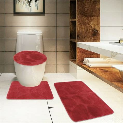 3 Pc Red Bathroom Set Bath Mat Rug Contour And Toilet Lid Cover With