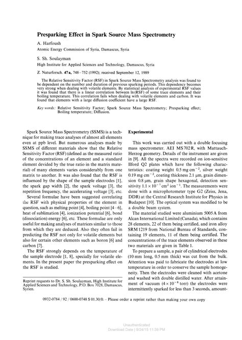 Pdf Presparking Effect In Spark Source Mass Spectrometry