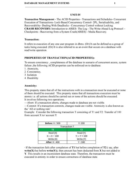 DBMS UNIT IV Dbms UNIT IV Transaction Management The ACID Properties Transactions And