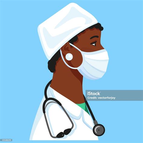 의료 용 얼굴 마스크 청진기 아바타와 의료 모자에 아프리카 계 미국인 여성 의사 의료 개인 치료사 병원 간호사 벡터 일러스트레이션 간호사에 대한 스톡 벡터 아트 및 기타
