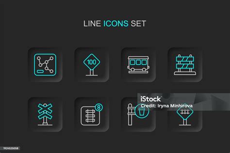 노선 철도 건널목 카페 및 레스토랑 위치 온라인 티켓 예약 철도 트랙의 끝 여객 열차 차량 속도 제한 교통 표지판 100km 및 철도지도 아이콘 벡터 거리에 대한 스톡 벡터