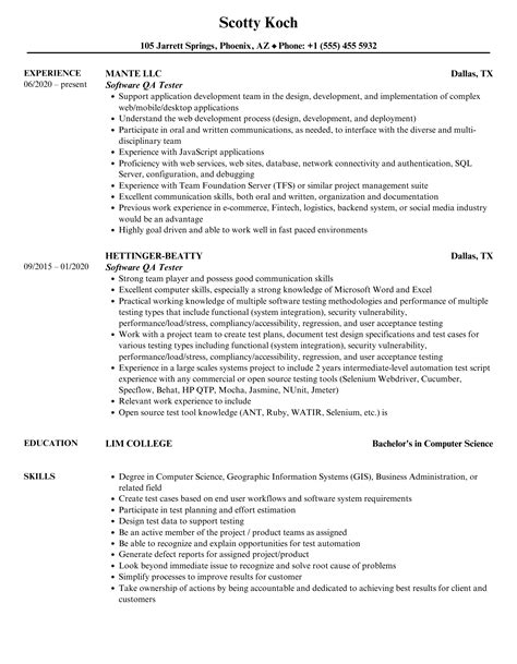 Software QA Tester Resume Samples Velvet Jobs