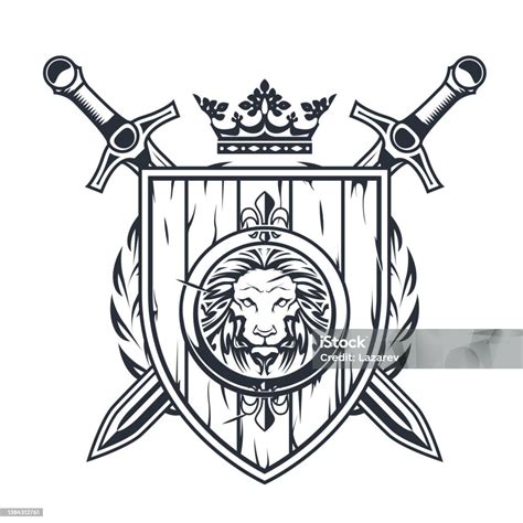 오래된 나무 방패 칼과 크라운 팔의 기사 코트 전령 엠블럼 벡터와 중세 블래즌 검에 대한 스톡 벡터 아트 및 기타 이미지 검