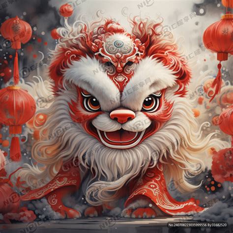 Ai创作图舞狮 狮头 炫彩 喷墨 中国风 喜庆 过年气息 大红色 梦幻 完整 可爱 大眼睛 新年 昵图网