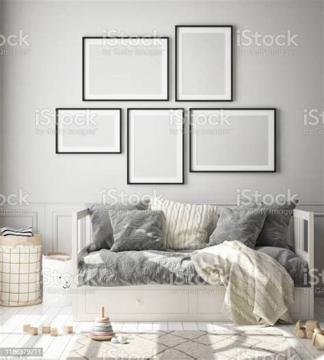어린이 침실의 포스터 프레임 스칸디나비아 스타일의 인테리어 배경 3d 렌더링 포스터에 대한 스톡 사진 및 기타 이미지 포스터 프레임 형판 Istock